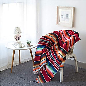 JQZ Mexican Serape Blanket with Tassel Bright Colorful Stripe Rainbow Throw Blanket Yoga Beach Blanket Tablecloth Sofa Cover(Red, 60" X 82")