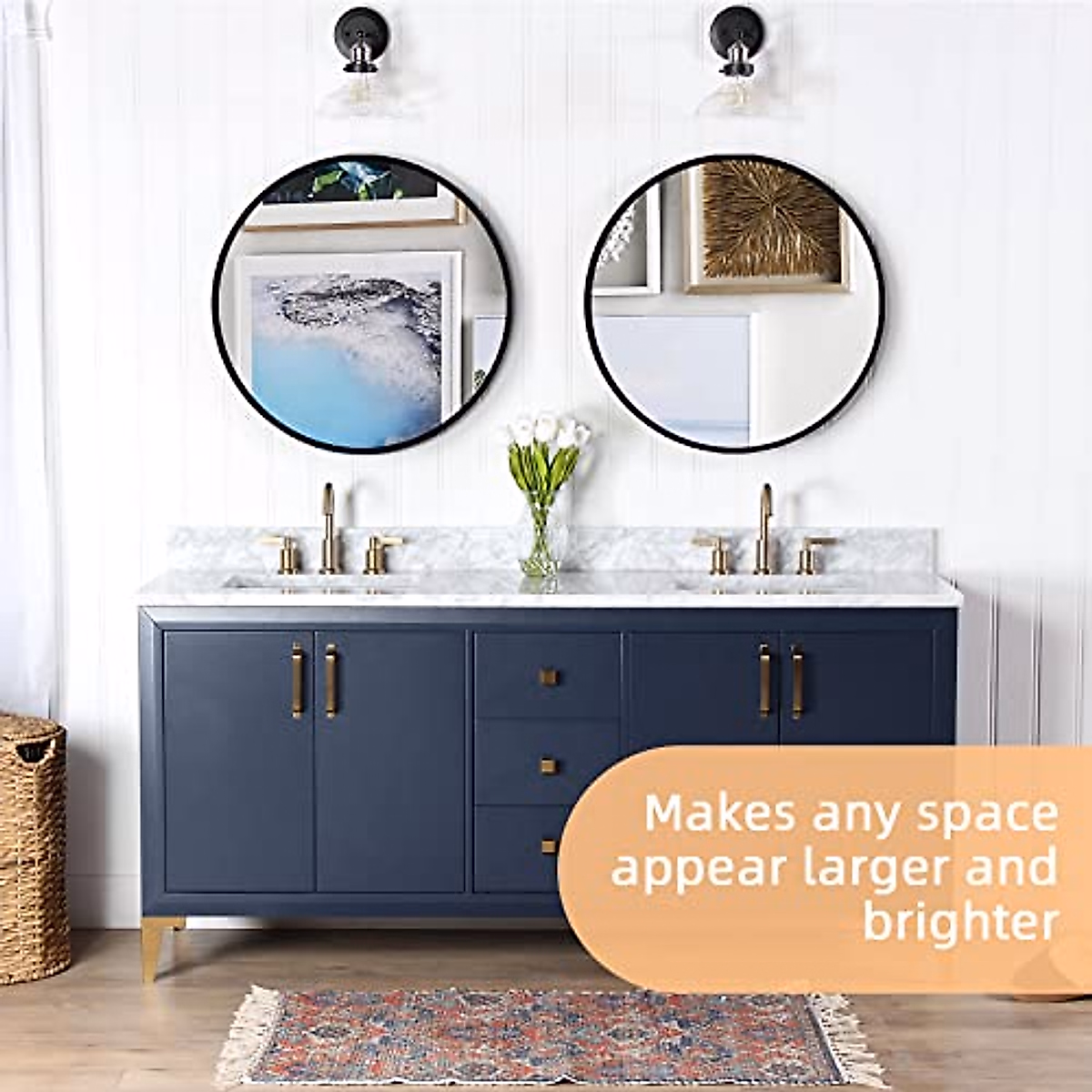 A.T.Lums 24 Inch Black Round Mirror, Wall Mounted Circle Mirror with Metal Frame, Suitable for Bathroom, Vanity, Entryway, Living Room, Wall Decor