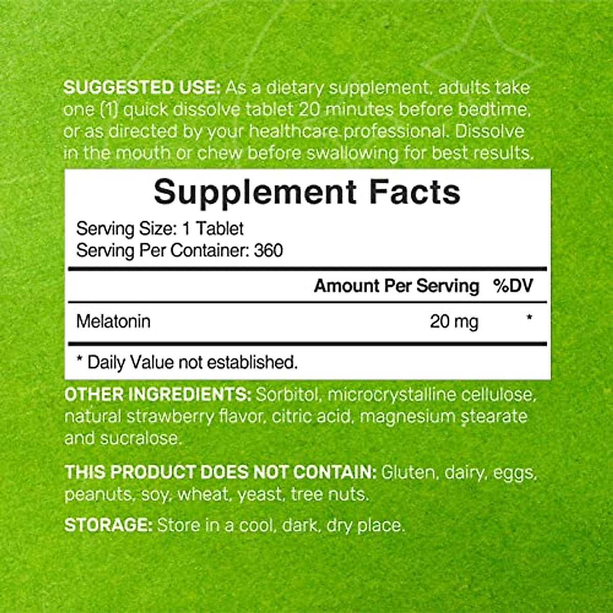 Melatonin 20mg Tablets, 360 Pill - Strawberry Flavored - Easy Consumption & Absorption | Keto, Vegan Friendly, Bulk Supply (360 Servings)