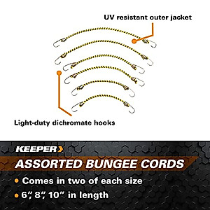 Keeper - Mini Bungee Cords in Multiple Sizes, 6 Pack - 6", 8", and 10”