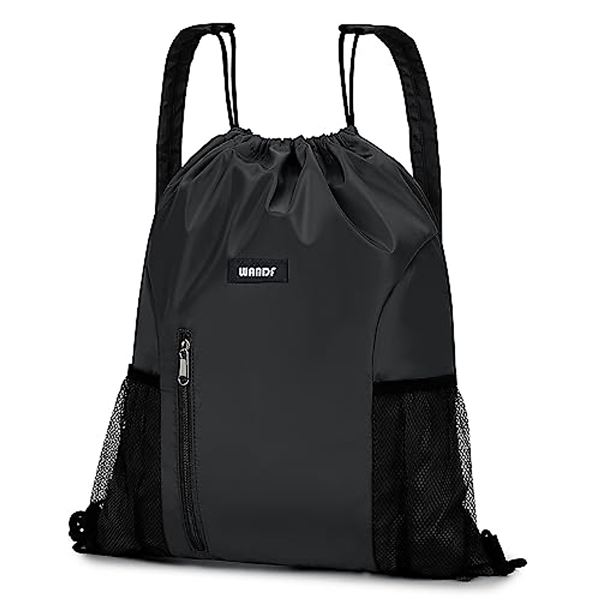 WANDF Drawstring Backpack with Shoulder Pad Sports Gym Backpack with Mesh Pocket String Bag for Women Men(Black)