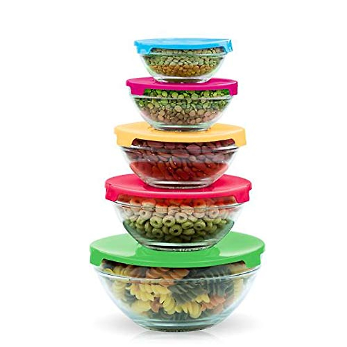 Stackable Glass Lunch Bowls/Multi Purpose Food Containers with Multi Color Lids - 5 Piece Set