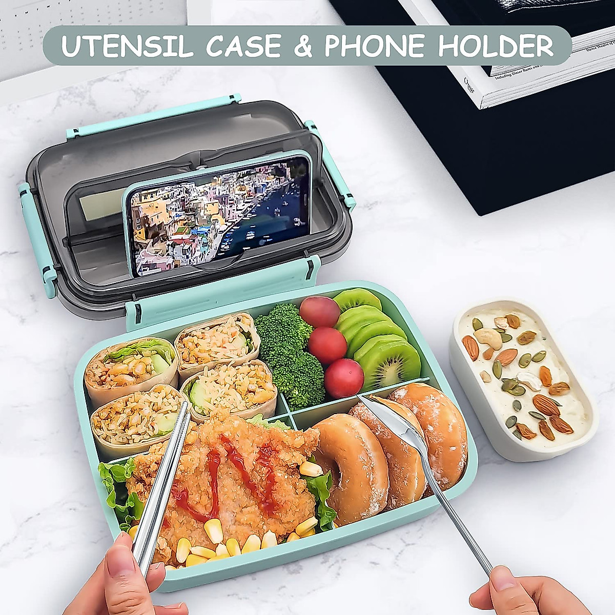 Sunhanny Bento Box Adult Lunch Box, Bento Lunch Box Containers, 50-oz Bento Box for Kids with Compartments, Sauce Container, Chopsticks and Spork, Green