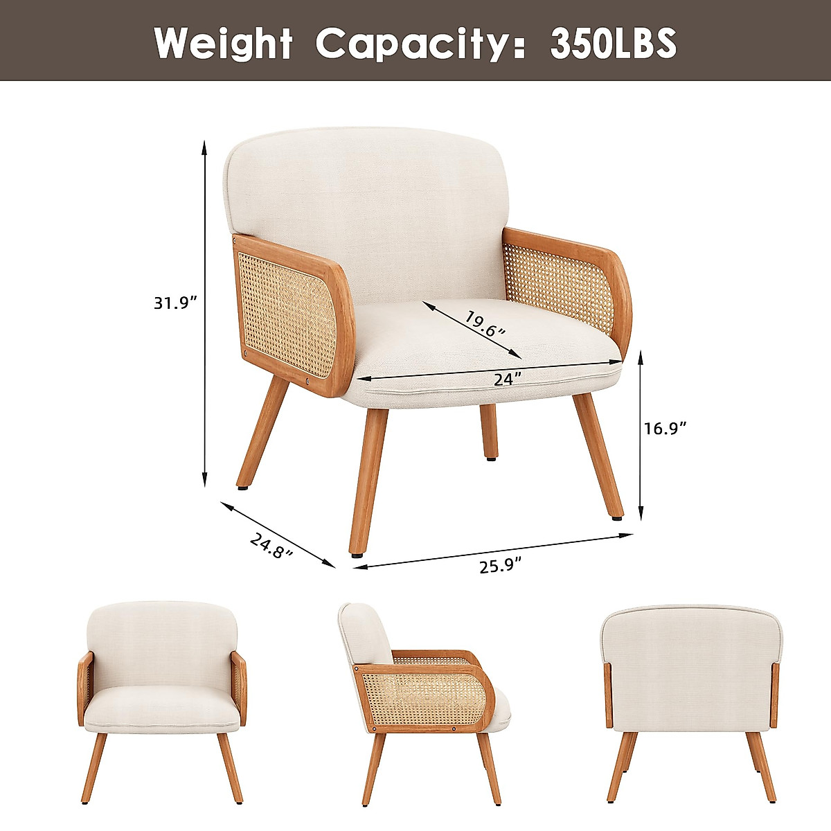 Andeworld Accent Chair with Rattan Arms,Upholstered Mid Century Modern Living Room Armchair, Side Club chair with Burlap Linen Fabric for Living Room Bedroom Balcony, Beige