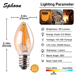 Sphoon C7 LED Bulb, 0.5W Nightlight Candle Bulb, Amber Glow 5w Incandescent Replacements E12 Candelabra Base led Filament Night Bulb Ultra Warm White 2200K Decorative String Edison Lamp Pack of 5