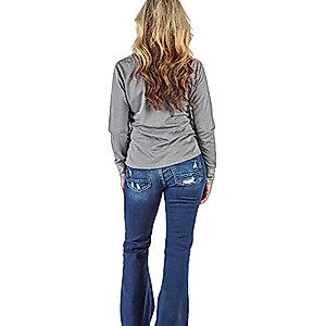 The Celtic Ranch Women's Long Sleeve Waffle Knit Henley, Crew Neck That Buttons Open to V-Neck, Contrast Fabric Sleeve Cuffs (Grey, Small)