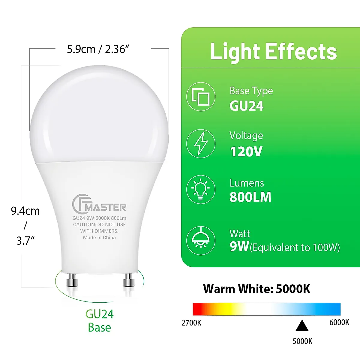 JIANGSILING GU24 Led Light Bulb, 9W(60W Equivalent), 5000K Daylight, A19 Shape GU24 Light Bulb, 800 Lumens GU24 Led Bulbs, CRI 85, Non-Dimmable ETL Listed(2-Pack)