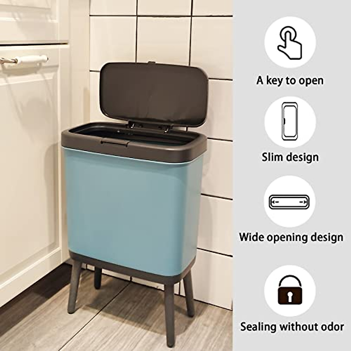 URALFA Slim Trash Can for Kitchen, 4 Gallon Narrow Garbage Can with Press Top Lid, Small Plastic Trash Bin Modern Garbage Bin Waste Basket for Home, Bedroom, Toilet, Living Room & Office, Blue