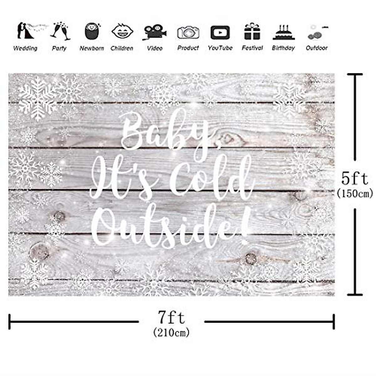 Aperturee 7x5ft Baby It's Cold Outside Winter Backdrop Snowflake Wonderland Birthday Party Festival Rustic Wood Wooden White Snowfall Background Christmas Xmas Baby Shower Home Decor Banner