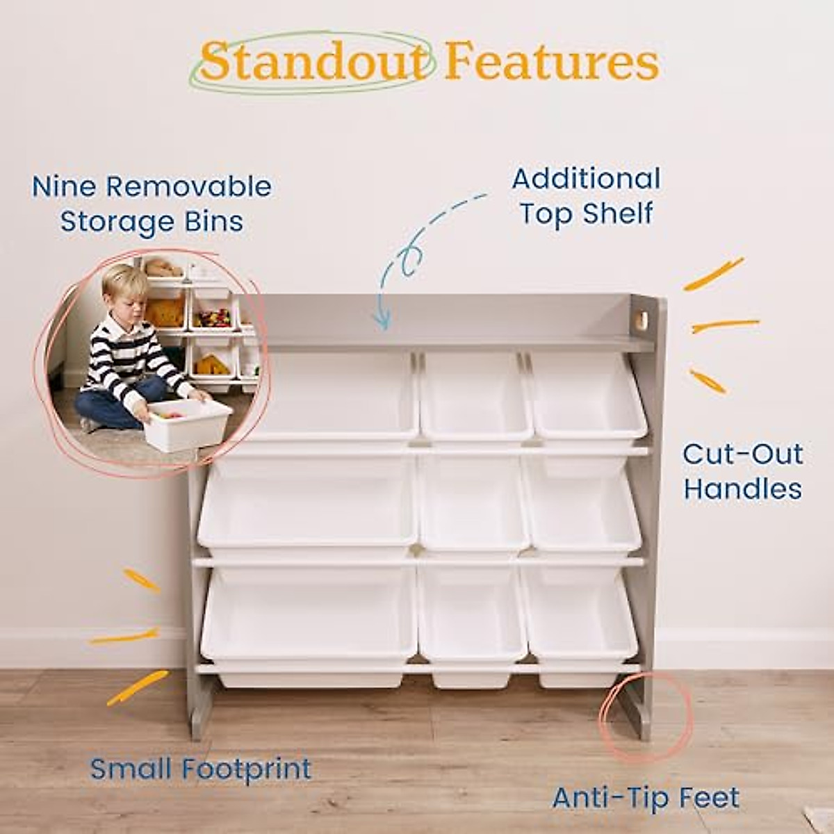 ECR4Kids 3-Tier Organizer with Shelf and 9 Bins, Toy Storage, Grey/White