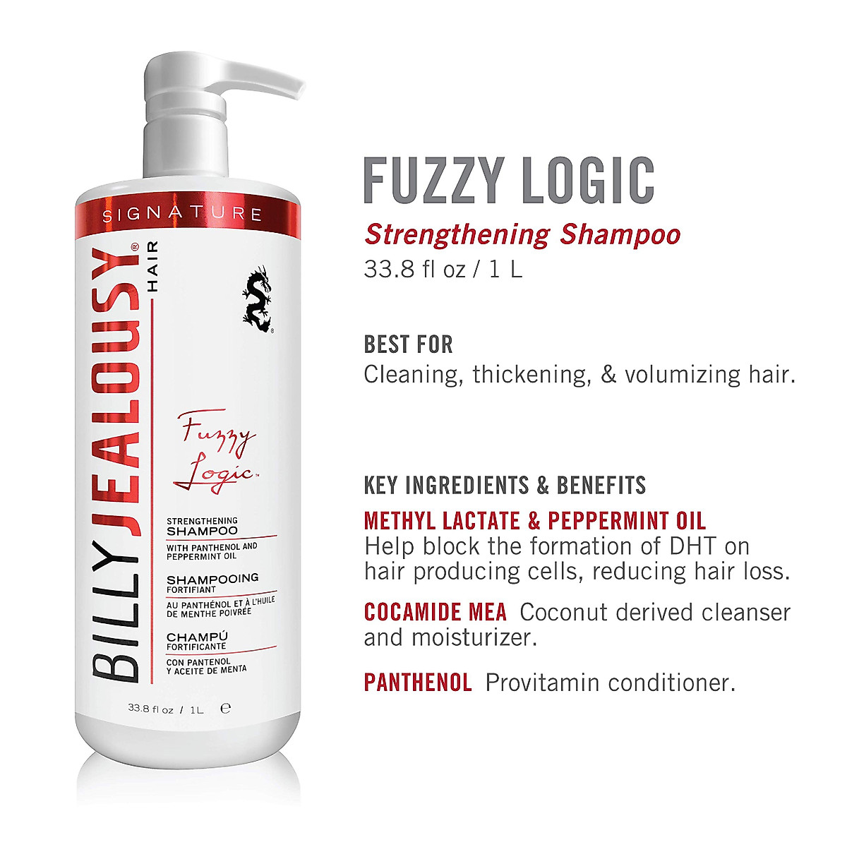 Billy Jealousy Fuzzy Logic Men's Shampoo for Thinning Hair and Hair Loss, Peppermint-Infused, With DHT Blockers to Prevent Hair Loss and Breakage, 33.8 Fl Oz