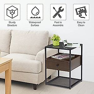 Kinfant End Table Set with Drawer - Nightstand Bedside Table with Mesh Shelf, Side Table with Glass Top for Hallway, Living Room, Bedroom, Rustic Brown and Black (2)