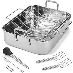 WEZVIX Stainless Steel Roasting Pan with Rack, 16.5 Inch Rectangular Turkey Roaster Lasagna Pan for Roasting Turkey, Chicken, Meat & Vegetables, Non-toxic & Heavy Duty, Easy Clean & Dishwasher Safe
