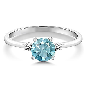 Gem Stone King 10K White Gold Blue Zircon and White Diamond Solitaire Engagement Ring For Women (1.23 Cttw, Round 6MM, Gemstone Birthstone, Size 6)