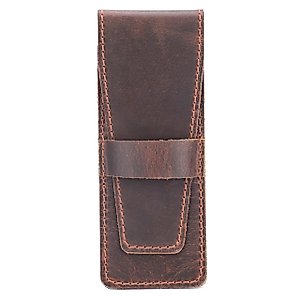 The Antiq Leather Pen Holder, Genuine 2 Pen Case with Tuck-in Flap, Brown Leather Case for Fountain, Ballpoint & Rollerball Pens, Travel Organizer, Luxury Executive Pen Storage Sleeve (2 Pen, Brown)