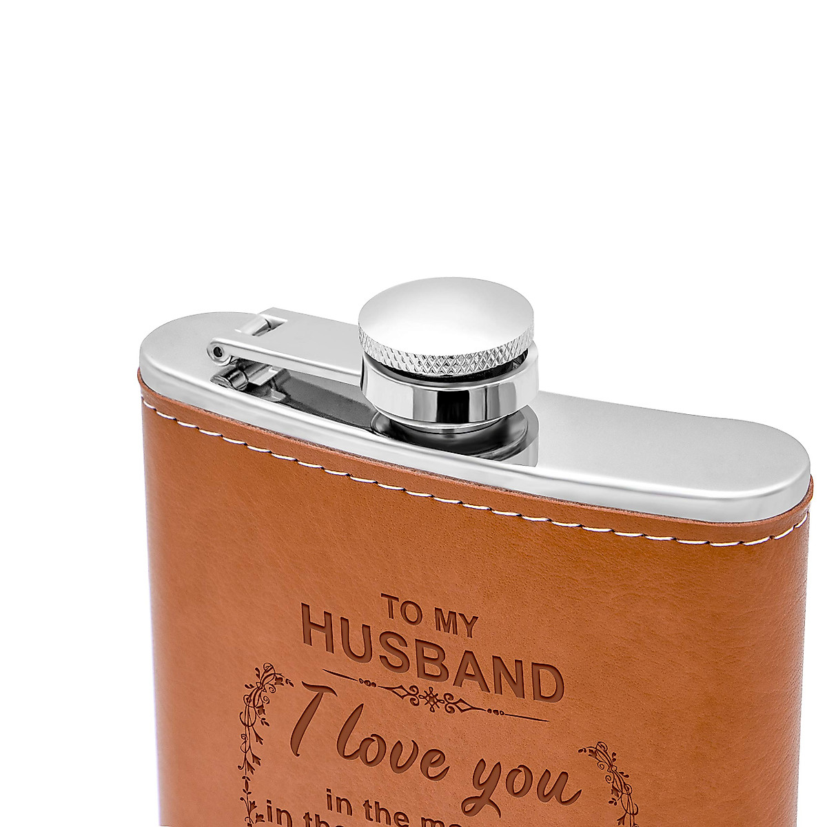 Personalized Flask Set Father's Day Gift For Husband - Engraved Hip Flasks For Husband - Stainless Steel with Leather Flask For Men, Wedding Valentine's Christmas Gift For Husband