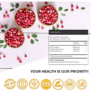 Nutrica Life Urinary Tract Infection Treatments D Mannose 1000mg Capsules - D-Mannose & Cranberry Pills with Hibiscus Extract - Strength Urinary Tract Health