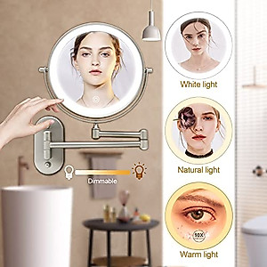 Rechargeable Lighted Makeup Mirror Wall Mount, Extendable Double Side Vanity Mirror with 10X Magnification 3 Color Lights 8 Inch Bathroom Mirror Nickel