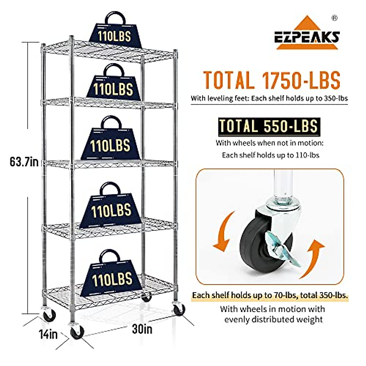 EZPEAKS Chrome 5-Shelf Shelving Unit on 3'' Wheels with Shelf Liners Set of 5, NSF Certified, Adjustable Heavy Duty Steel Wire Shelving Rack (30W x 14D x 63.7H) Pole Diameter 1 Inch