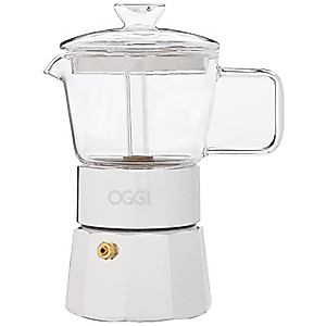 Oggi Stovetop Espresso Maker Moka Pot- 4 cup (4oz), Borosilicate Glass, Italian Coffee Maker, Espresso Coffee Maker, Stovetop Coffee Maker