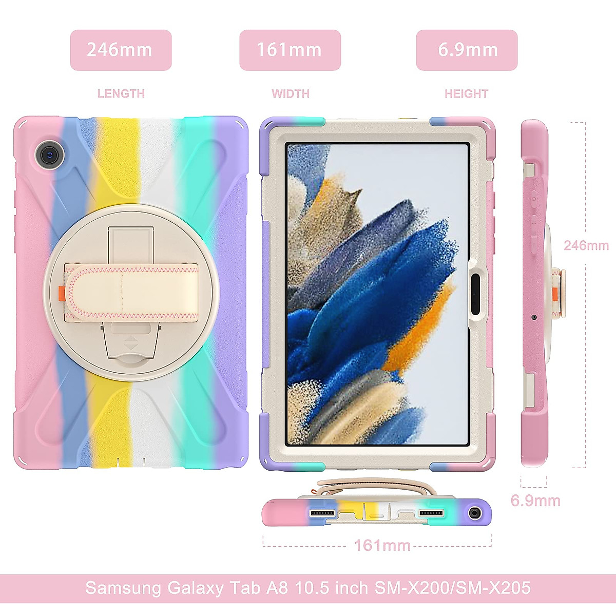 TSQQST Case for Samsung Galaxy Tab A8 10.5" 2022 for Kids Girls with Screen Protector Stand&Hand Strap | Rugged Protective Case for Samsung A8 Tablet SM-X200/X205/X207-Rainbow Pink