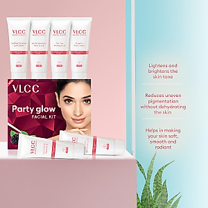 VLCC Party Glow Facial Kit - Single Use | Salon Like Facial at Home in Just 6-Steps | Includes Cleanser, Scrub, Cream, Face Pack & Moisturizing Gels | 2.12 Oz/60g