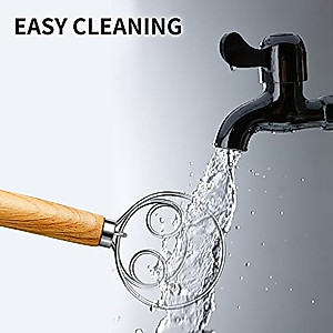 TEEVEA Danish Dough Whisk Stainless Steel Dough Whisk Dutch Style Bread Dough Hand Mixer Wooden Handle Kitchen Baking Tools Bread Making Tools and Supplies