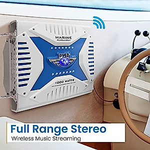 Pyle 2.1 Bluetooth Marine Amplifier Receiver - Waterproof 4 Channel Wireless Bridgeable Audio Amp for Stereo Speaker with 1000 Watt Power Dual MOSFET Supply, GAIN Level and LED Indicator -PLMRA430BT