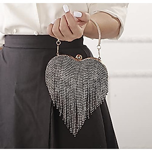 Sither Rhinestone Tassel Handbag Purses for Women Evening Handbag Purses Heart Shape Tassel Clutch Purses Sparkly Clutches Shoulder Chain Bags for Party Prom Christmas Gift (black)