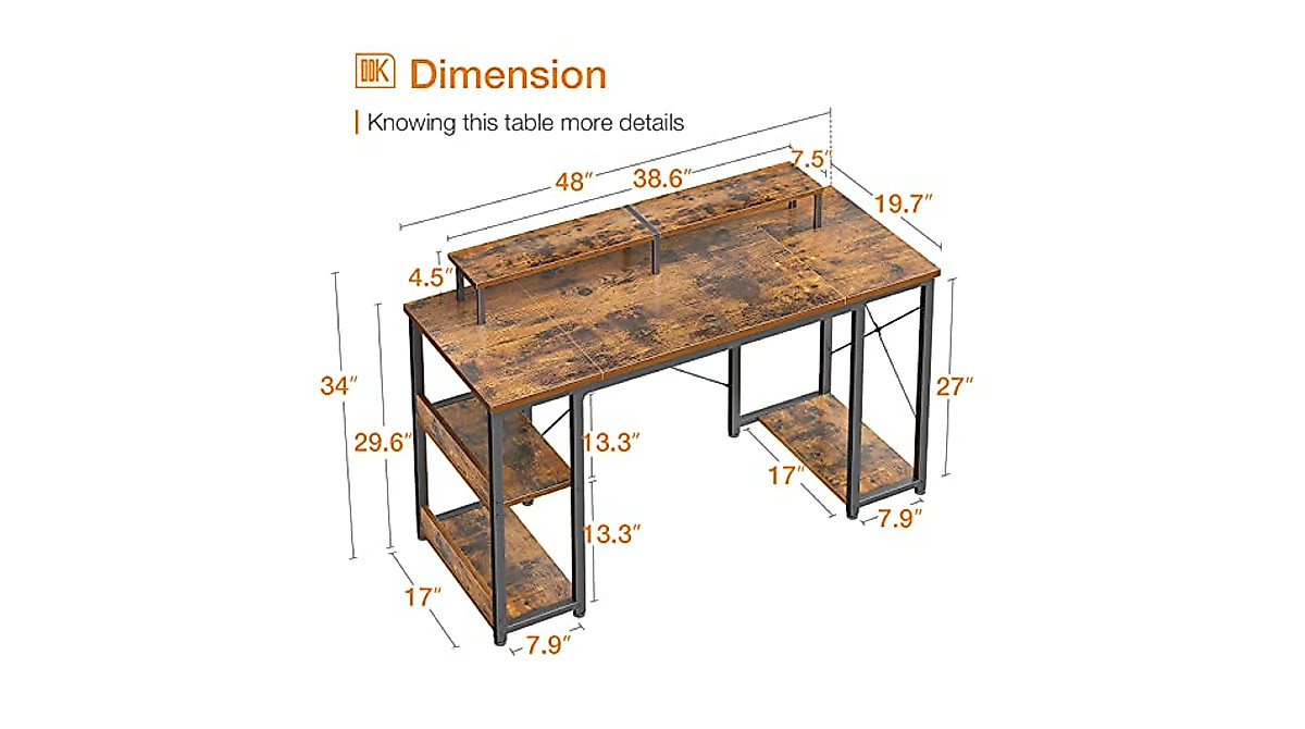 ODK 48-inch Computer Desk with Monitor Shelf