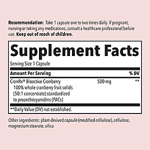 Nature's Way CranRx BioActive Cranberry, Urinary Tract Health Support* Supplement, 500mg per serving, 30 Vegetarian Capsules