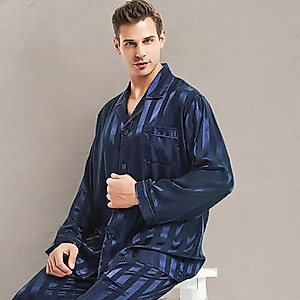 Mens Silk Satin Pajamas Set Sleepwear Loungewear Navy Blue L