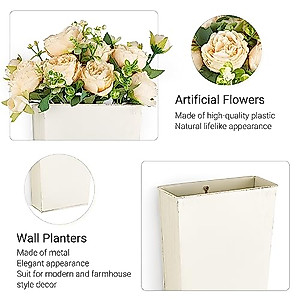 Mkono Metal Wall Planter Decor with Artificial Flowers Farmhouse Galvanized Indoor Hanging Vase Rustic Country Wall Mounted Fake Plant Holder Pocket Home Decoration, Set of 2