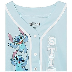 Disney Little Girls Lilo & Stitch and Angel Baseball Jersey-Classic Mesh Button Down Shirt, Light Blue/White