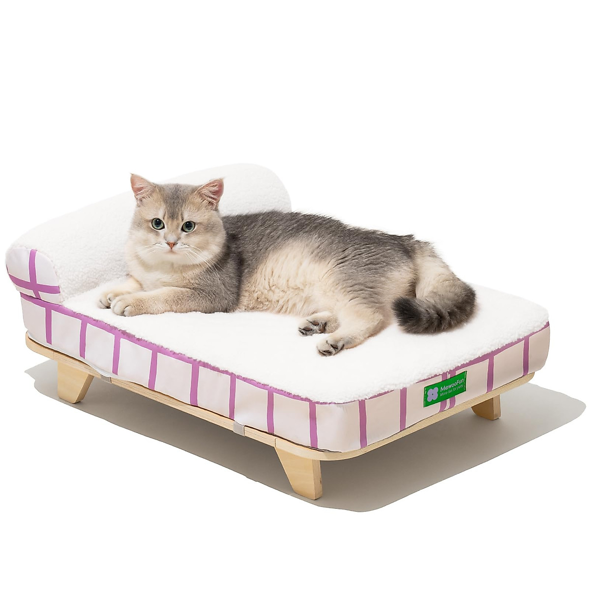 MEWOOFUN Cat Couch Bed, Modern Elevated Cat Bed with Nonskid Bottom, Orthopedic Pet Sofa Bed with Removable Washable Cover, Wooden Pet Furniture for Kitty Puppy, Purple & White