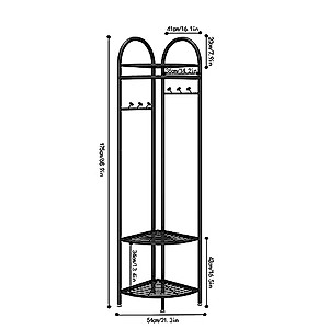FLRH Black Corner Hall Tree, Freestanding Garment Rack with 6 Hooks and Storage Shelf, Metal Clothing Racks Coat Racks for Hallway, Entryway, Bedroom, Living Room, Office(Black)