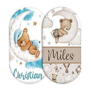 Personalized Bassinet Sheet Set 2 Pack for Baby, Custom Bassinet Mattress Sheets with Name, Universal Fitted for Various Cradle Mattress Pad, Blue & Brown Bear Bassinet Sheets for Boys (16" x 32")
