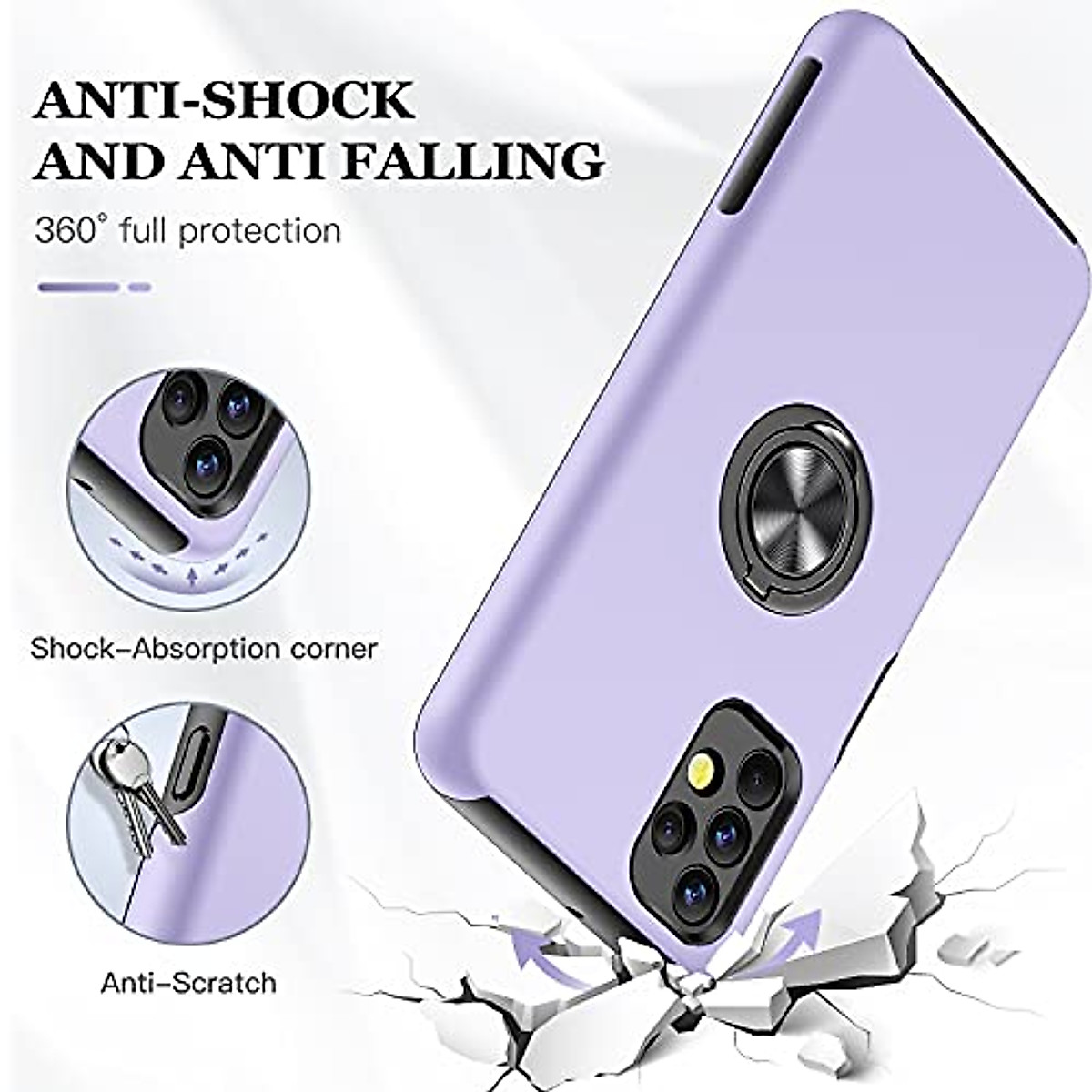 JAME Designed for Samsung Galaxy A32 5G Case with 2 Pack Tempered Glass Screen Protector Shockproof Scratch Proof Protective Cover with Built-in Magnetic Kickstand for Samsung Galaxy A32 5G, Purple