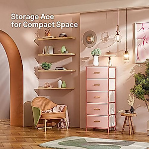 YILQQPER Dresser for Bedroom with 5 Drawers, Tall Storage Tower for Closet, Living Room, Nursery, Pink Dresser for Girl with Sturdy Steel Frame, Fabric Bins, Leather Finish, Wood Top, Pink