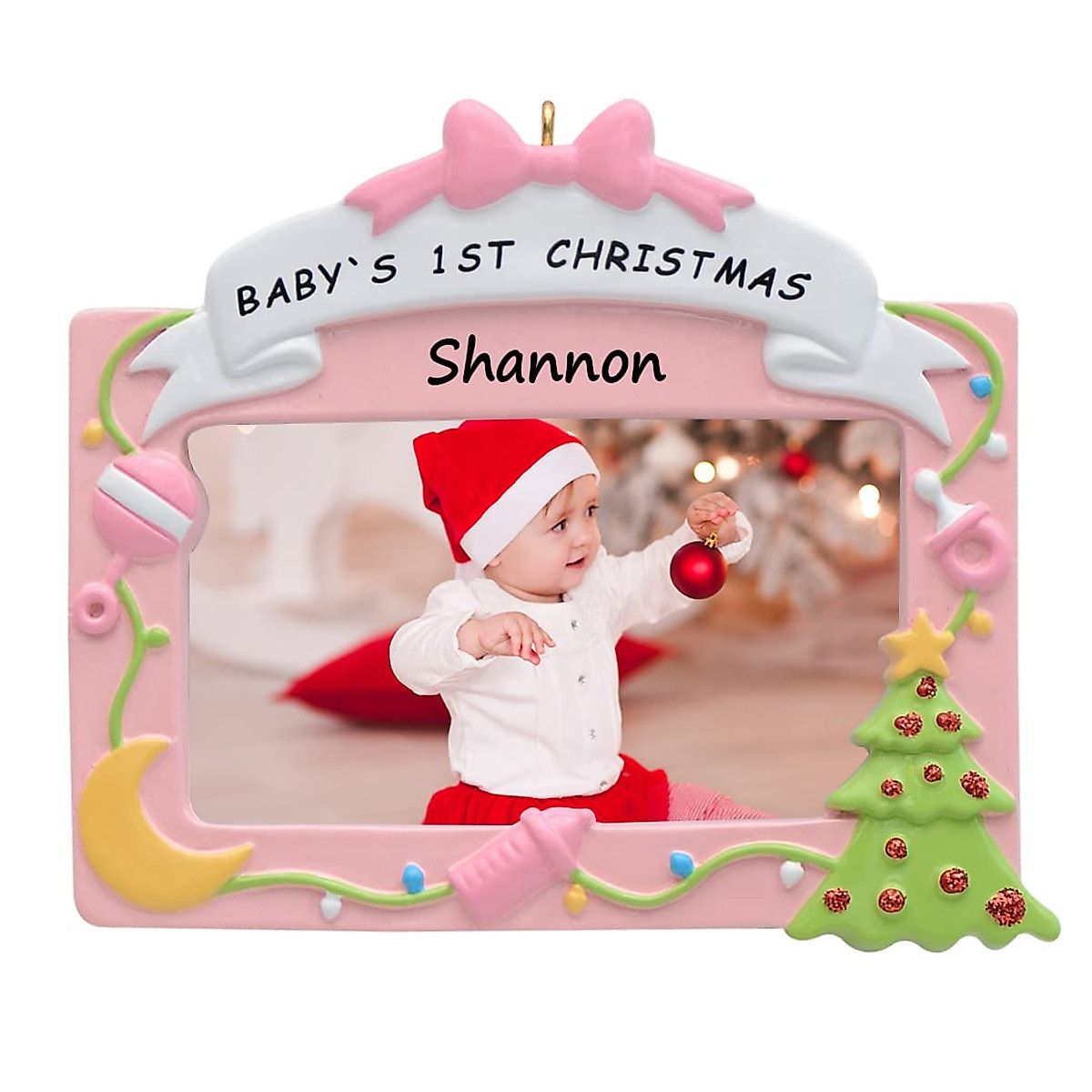 MAXORA Baby's First Christmas Photo Ornament 2024 - Personalized Pink Picture Frame Christmas Ornament - Custom for Grandbabies - Babies 1st Holiday Keepsake