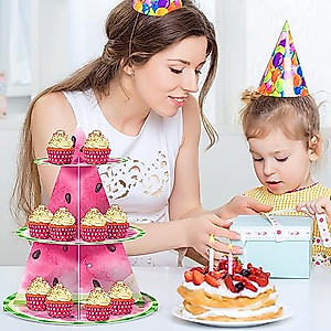 Sliner 3 Tier Watermelon Cupcake Stand Party Decorations Watermelon Theme Cupcake Holder Pink Watermelon Baby Shower Cake Holder Melon Birthday Dessert Stand for Boy Girl Melon Party Baby Shower