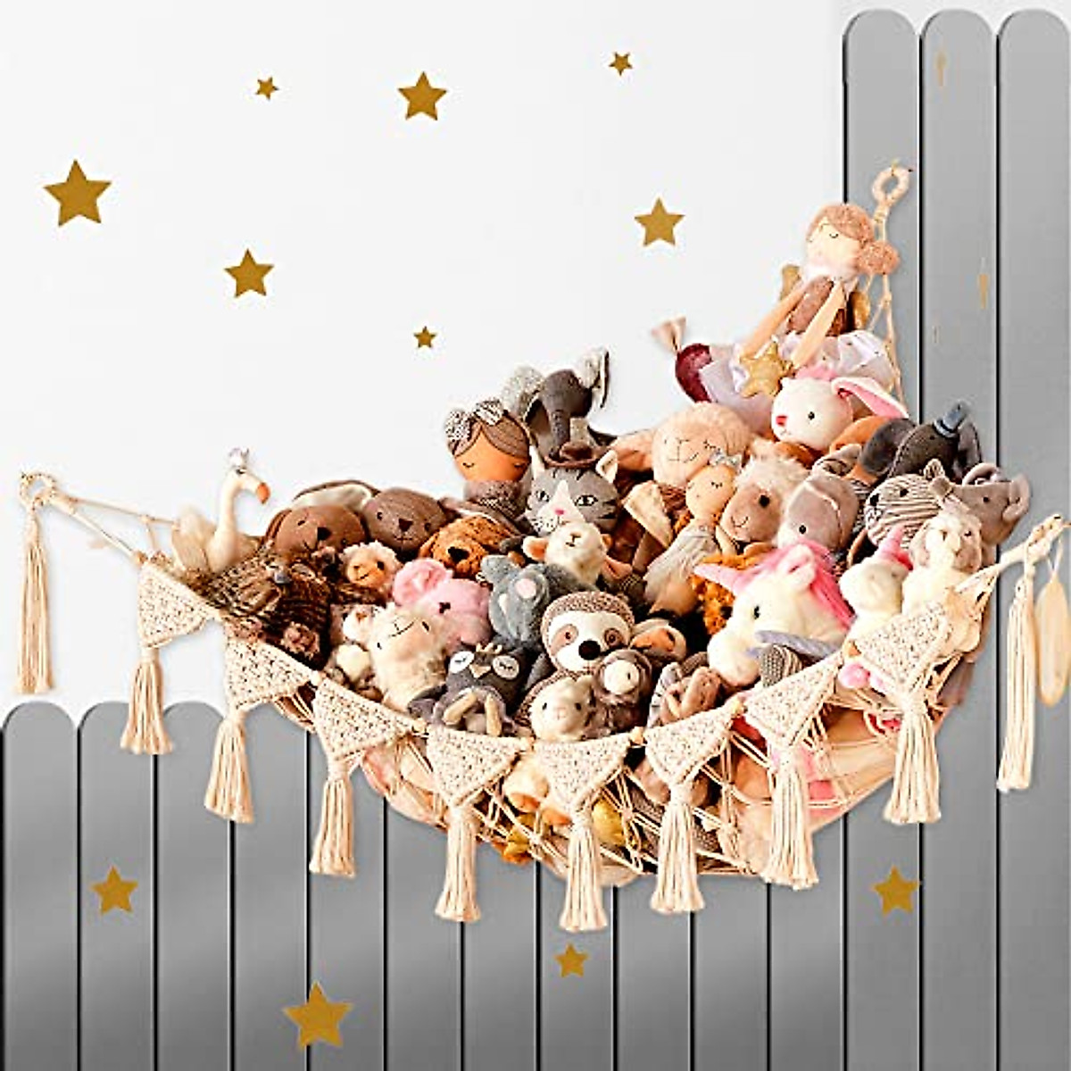 TIDYTEDS Macrame DreamLights Boho Stuffed Animal Storage Net for Stuffed Animals (Extra Large) and Stuffed Animal Net or Hammock for Small Stuffed Animals or Plushies. Plush Cream Toy Storage Holder