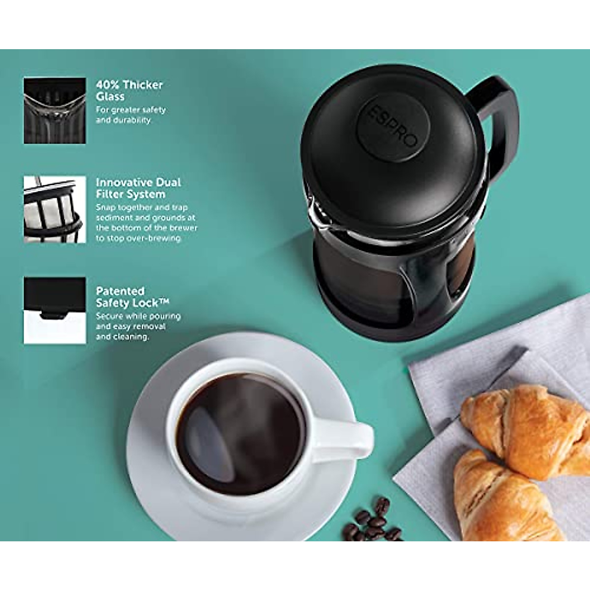 ESPRO P3 French Press - Double Micro-Filtered Coffee and Tea Maker, 32 Ounce, Black