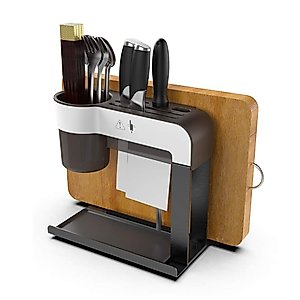 Multifunctional Knife Block Knife Holder Storage Rack with Drainboard, Cutting Board Drying Rack Cooking Utensil Holder Chopsticks Caddy for Kitchen Accessories Countertop Organization, Black