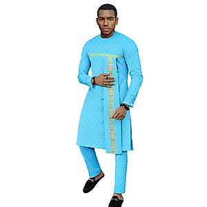 Bazin Riche African Traditional Clothing Set for Men Dashiki Print Long Coats and Ankara Pants 2 Piece Outfits 4 S