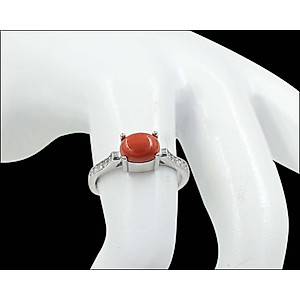925 Sterling Silver Natural Red Coral 8X6 MM Oval Cut May Birthstone Solitaire Unisex Proposal Ring Engagement Gift For Bridal (Yellow Gold Rhodium Plated Silver, 6.5)