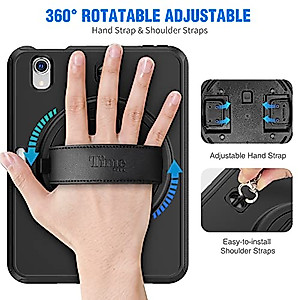 Timecity iPad Mini 6 Case, iPad Mini 6th Generation Case (8.3 inch) 2021 Released: with Strong Protection, Screen Protector, Hand Strap, Shoulder Strap, 360° Rotating Stand, Pencil Holder - Black