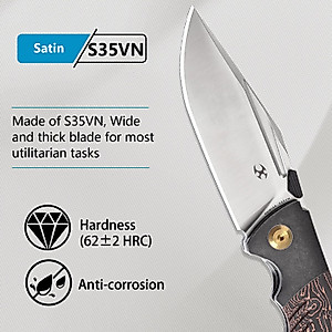 KANSEPT Hinterland Pocket Folding Knives for Men EDC Camping Folding Knife 3.58'' Satin CPM S35VN Blade Pocket Knife with Blackwash Titanium + Copper Carbon Fiber Inlay Handle Everyday Carry K1057A4