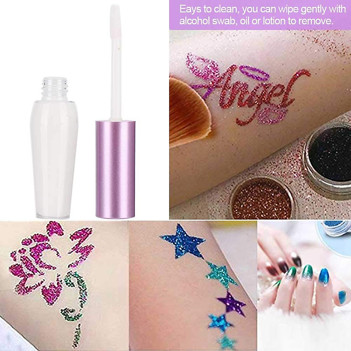 Body Glitter Glue, Adhesive Cosmetic Temporary Tattoo Glitter Powder Glue Body Painting Face Eyebrows Hair Nails Tattoo Gel Beauty Tool for Festival Carnival Concert Party Beauty Rave Accessories 7ml