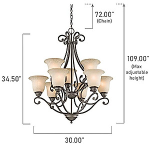 Kichler Camerena 34.5" Two Tier Chandelier in Olde Bronze®, 9-Light Traditional Dining Room Chandelier with White Scavo with Light Umber Inside Tint, (30" W x 34.5" H), 43226OZ